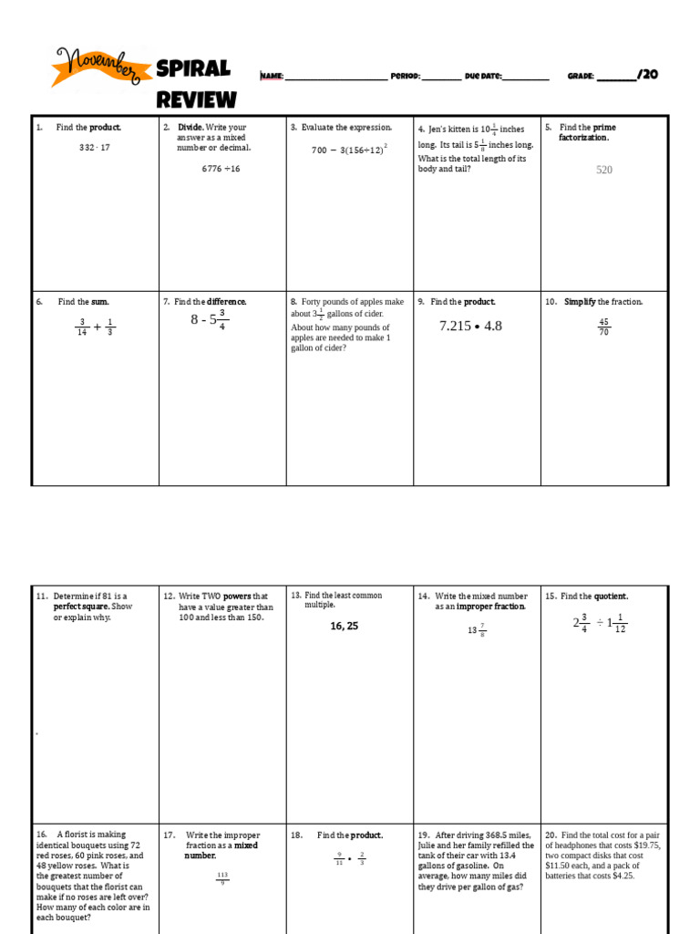 Sprial Review November Calendar | PDF