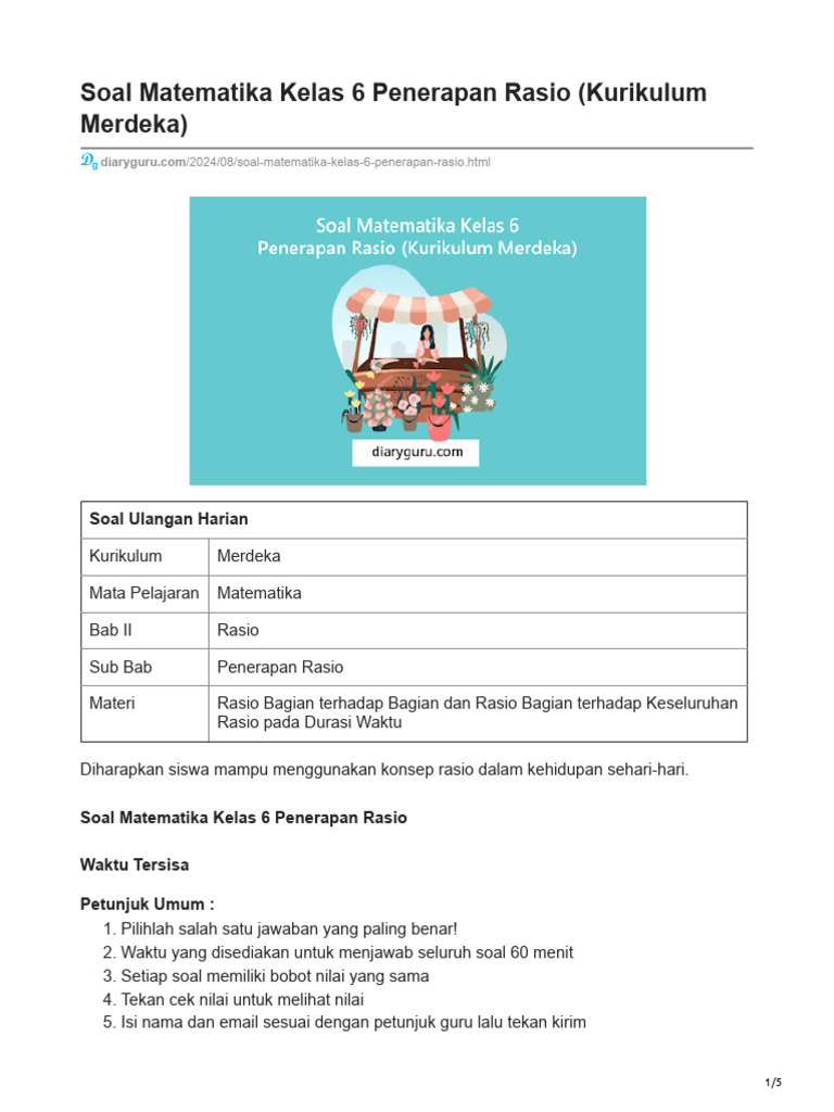Soal Matematika Kelas 6 Penerapan Rasio Kurikulum Merdeka | PDF