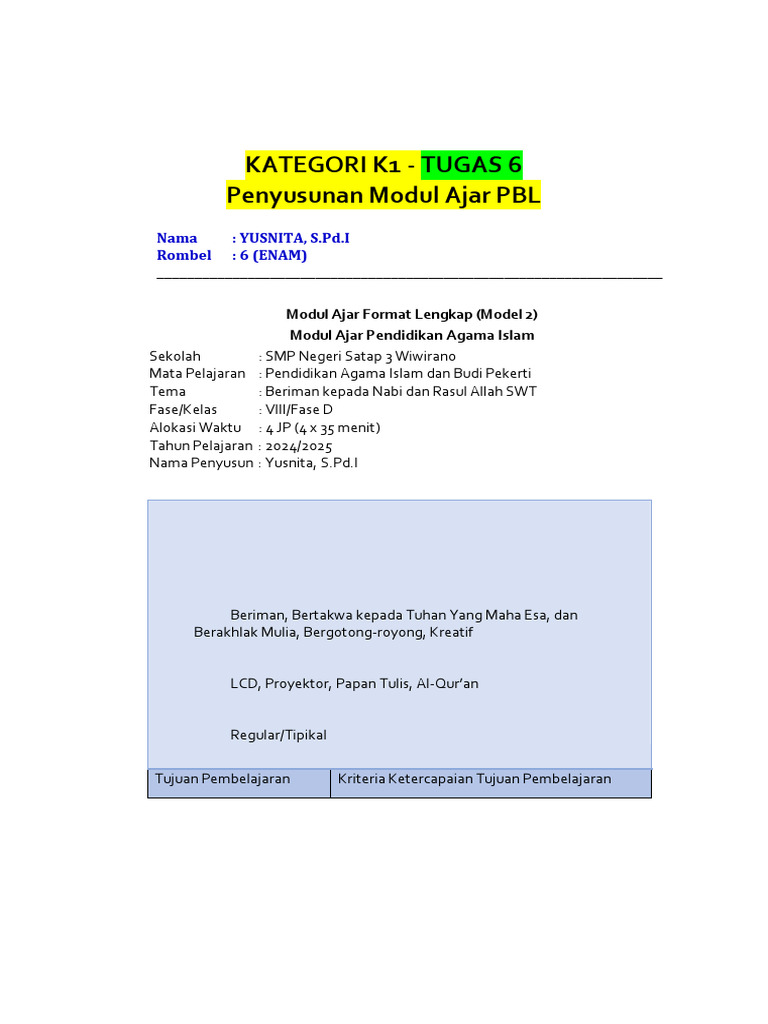 K1 - Tugas 6 Modul Ajar PBL YUSNITA, S.Pd.I | PDF