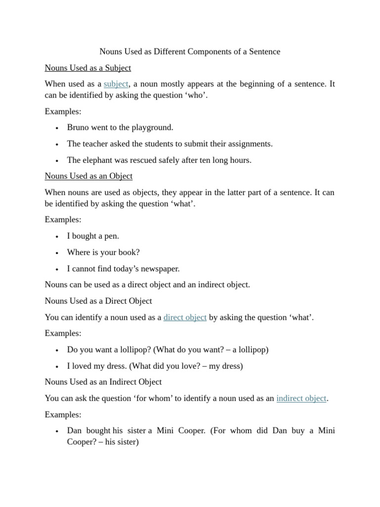 Nouns Used As Different Components of A Sentence | PDF | Noun | Adjective