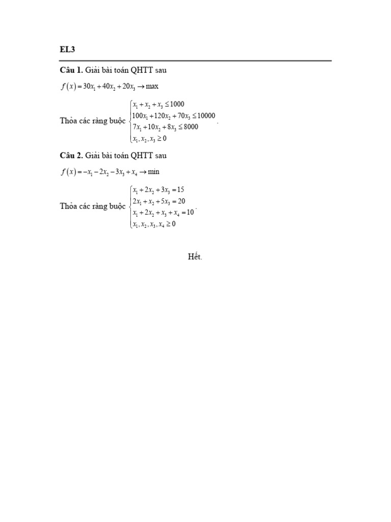 Giải bài toán QHTT sau: EL3 Câu 1 | PDF