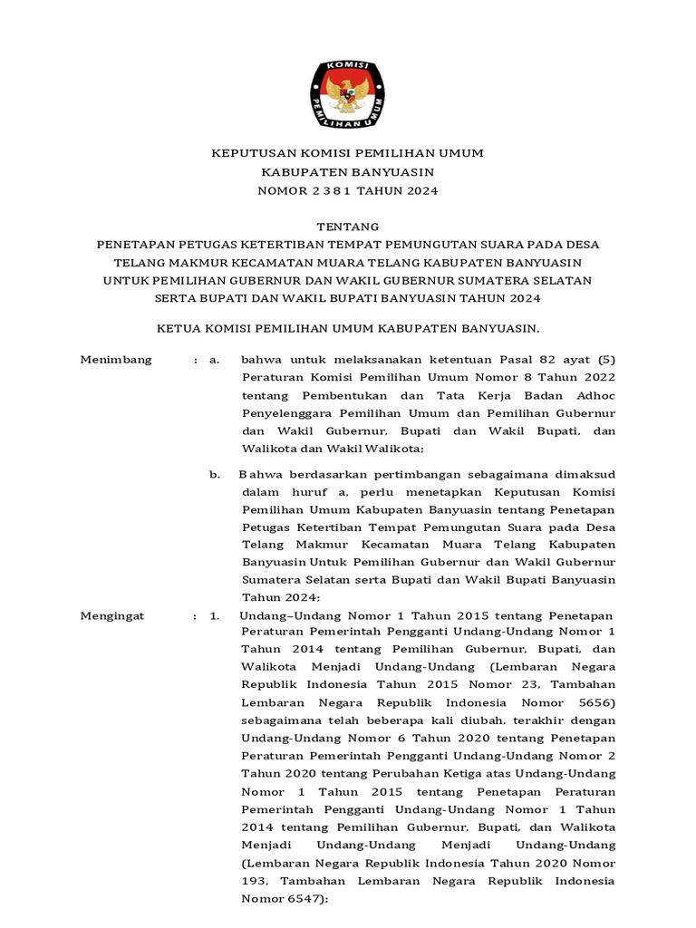 SK Linmas TPS DS Telang Makmur Pilkada 2024 | PDF