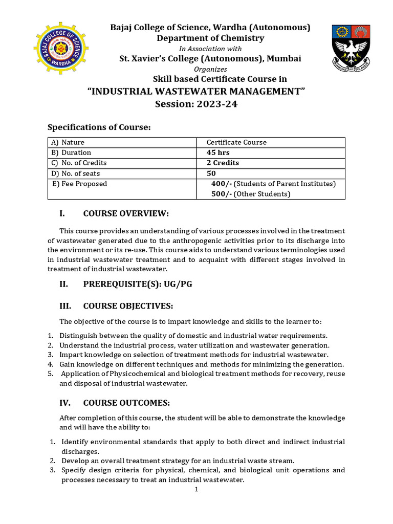 Certificate Course in Industrial Wastewater Management 2023-24 | PDF ...