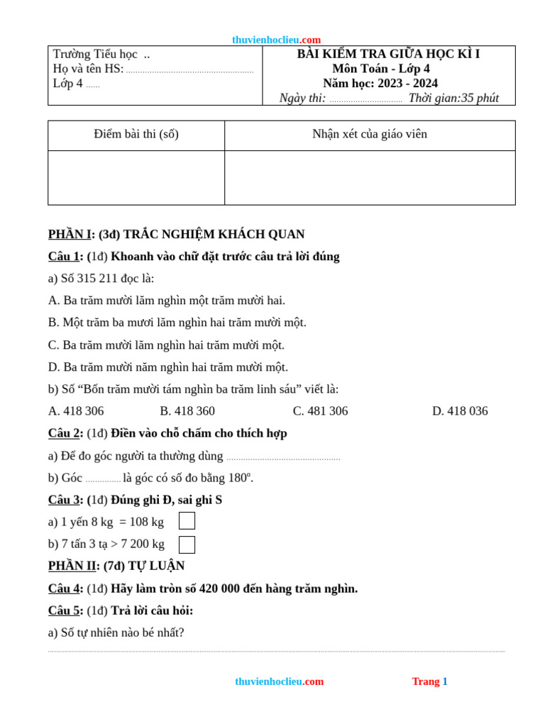 De Kiem Tra Giua HK1 Toan 4 Co Dap An Ma Tran | PDF