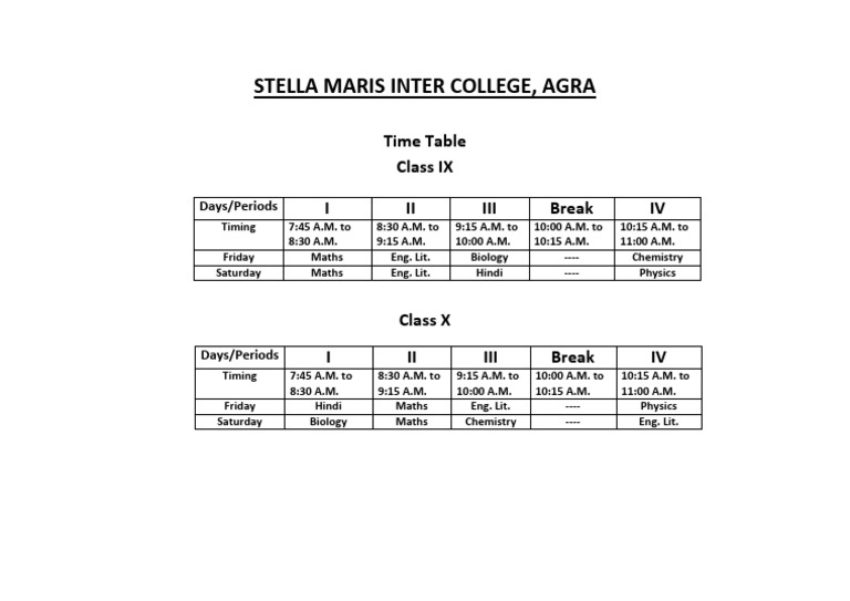 Stella Maris College Class IX & X Timetable | PDF