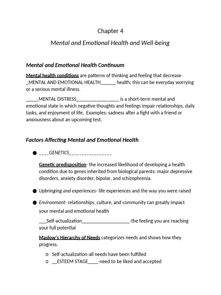Student Chapter 4 Notes | PDF | Mental Disorder | Self Esteem
