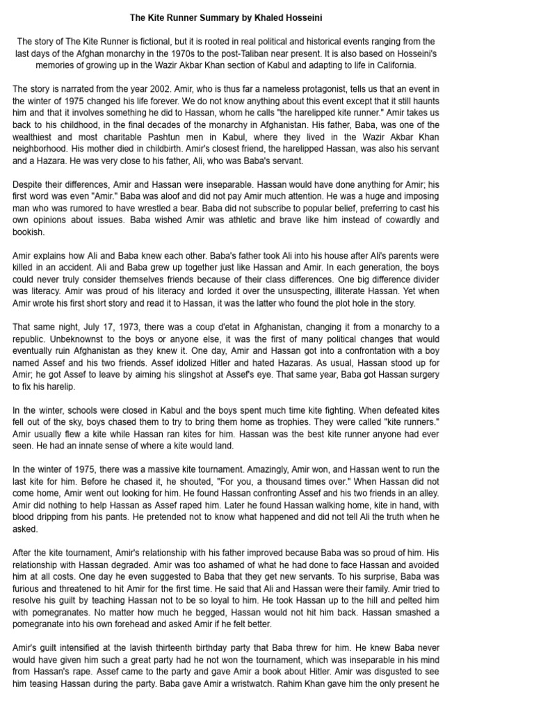 The Kite Runner Summary by Khaled Hosseini | PDF | Afghanistan