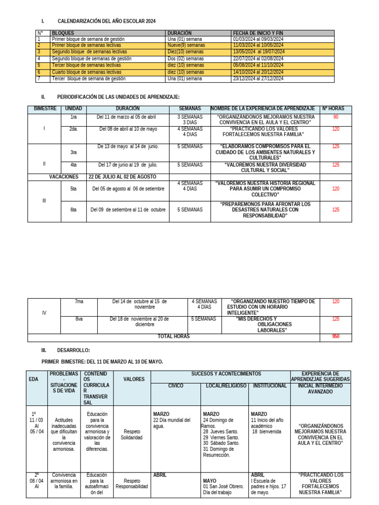 Calendarización Del Año Escolar 2024 | PDF