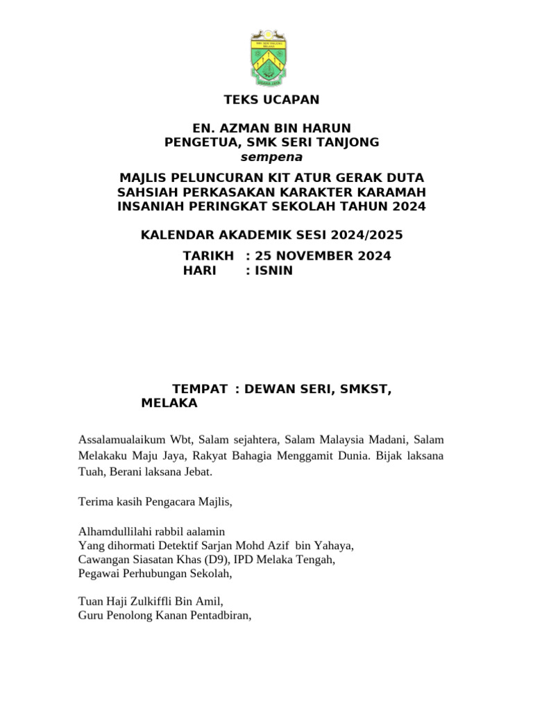 Teks Ucapan Duta Sahsiah 2024-Pengetua | PDF