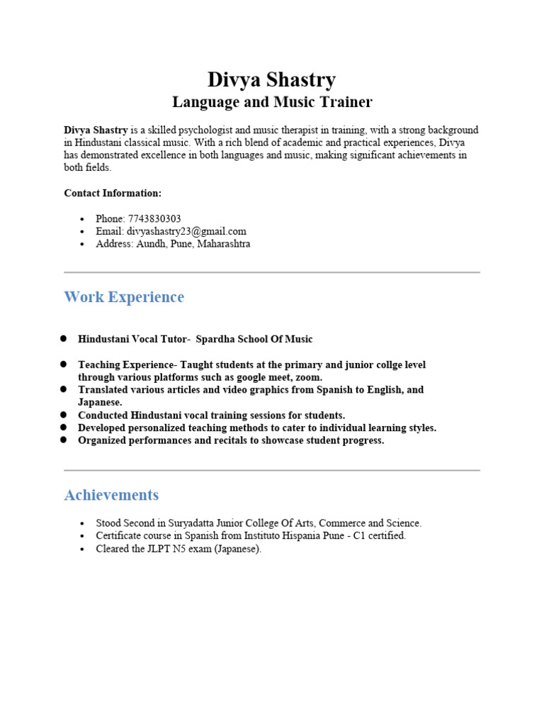 Divya Shastry - CV - Language Trainer | PDF