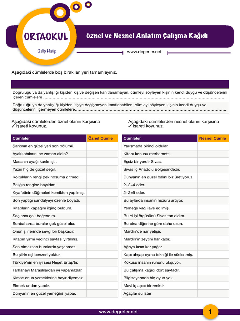 Öznel Ve Nesnel Çalışma Kağıdı | PDF