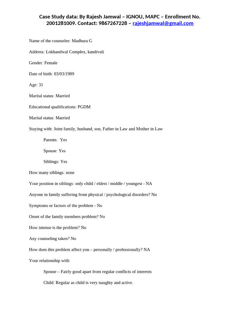 Career Counseling Case Study Template With MSE Graphic Reports Madhura ...