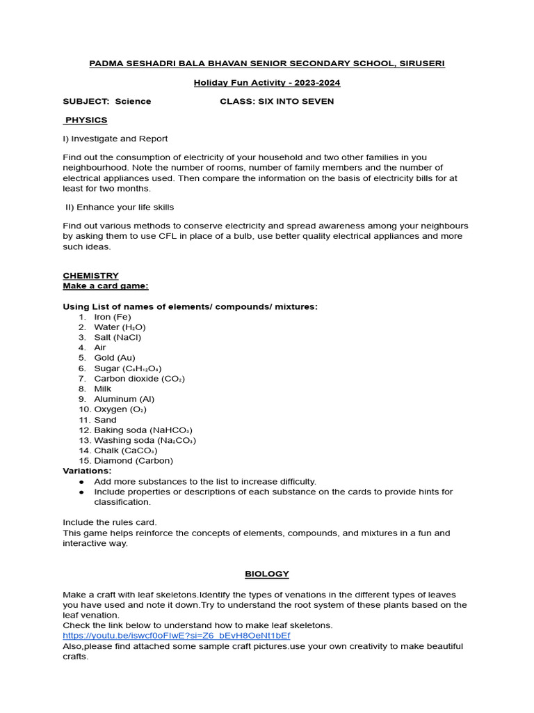 6 into 7 Science Holiday Assignment | PDF