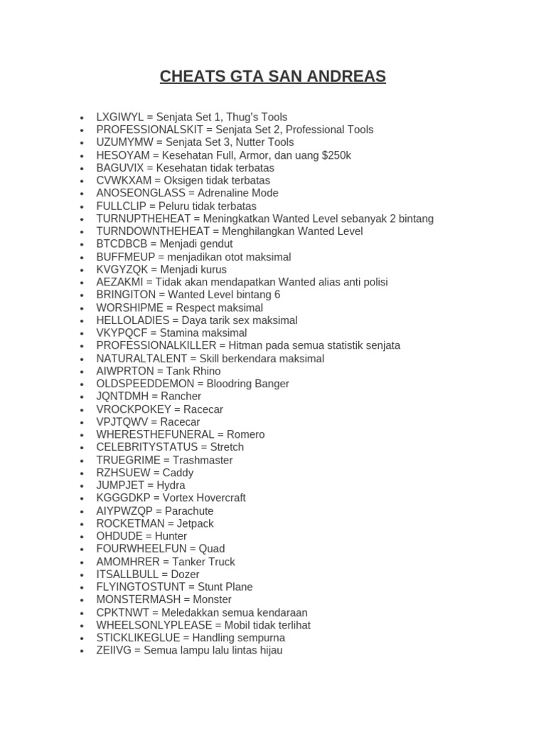 Cheats Gta San Andreas | PDF