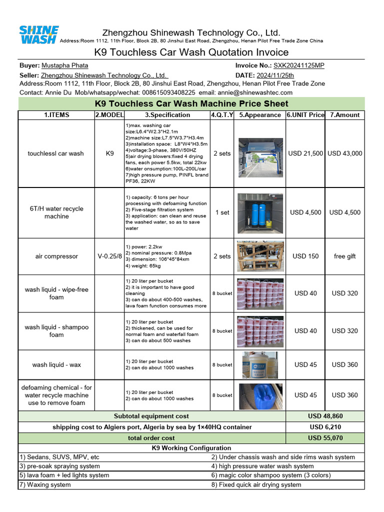 Shinewash Quotation Invoice of 2 K9 Touchless Car Wash From Annie 1125 ...