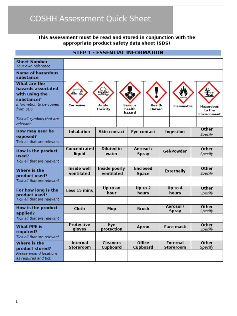 COSHH Quick Sheet Template | PDF | Hazards | Occupational Safety And Health