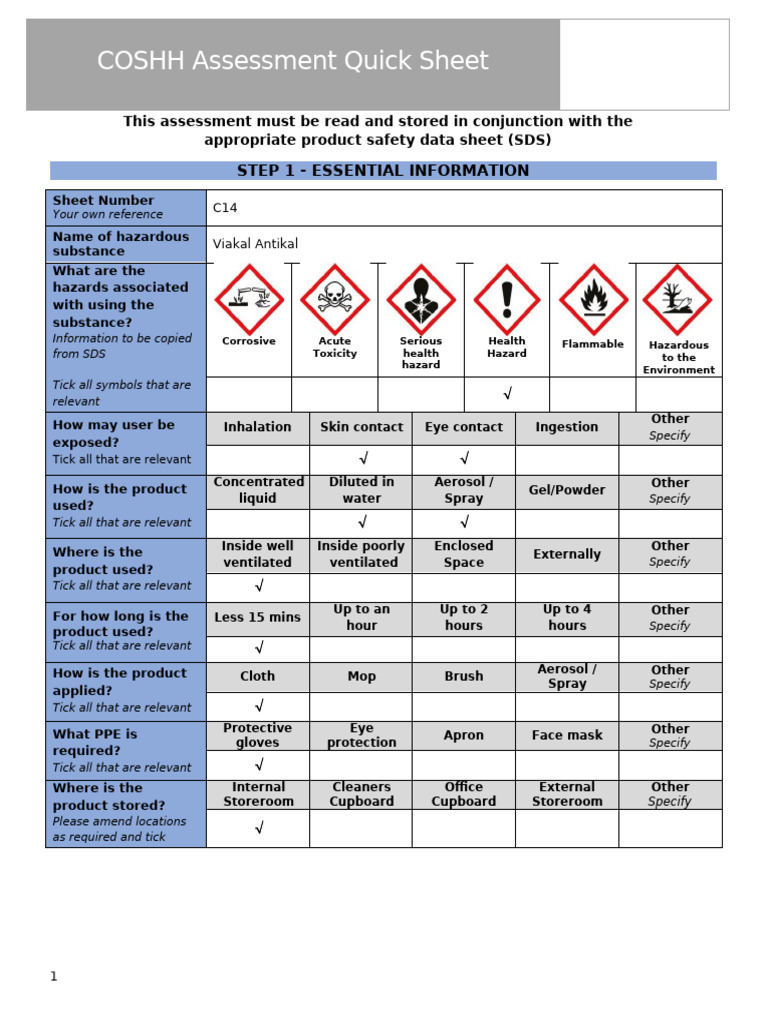 COSHH Quick Sheet - No C14 - Viakal Antikal | PDF | Hazards | Personal Protective Equipment