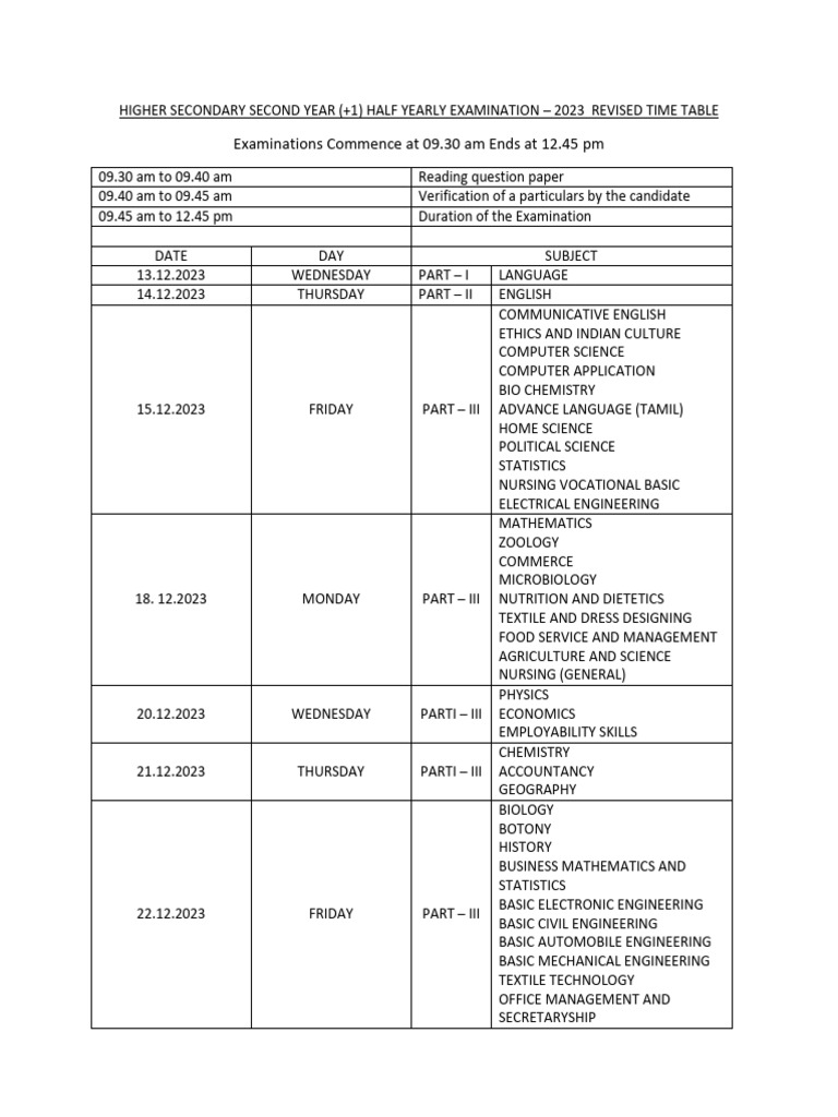 2023 Half-Yearly Exam Timetable | PDF | Engineering | Science