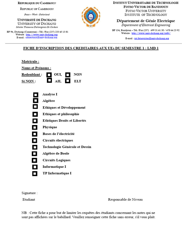 Fiche d'inscription IUT de Bandjoun | PDF | Institutions académiques ...