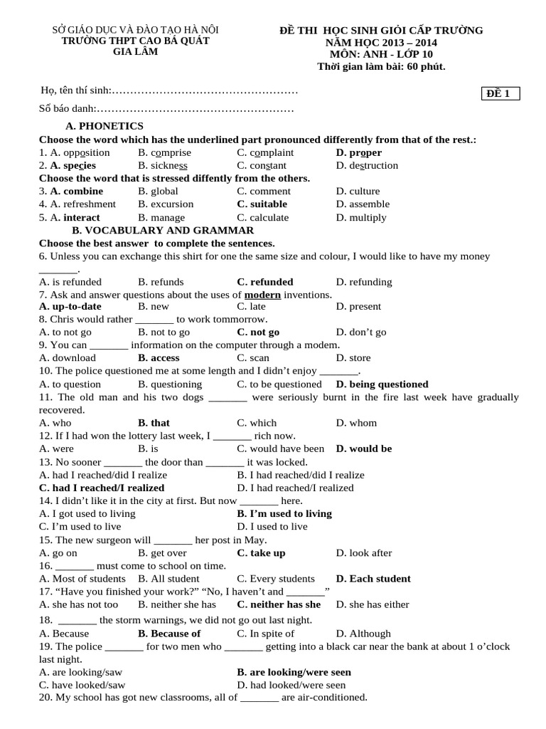 Dap An HSG 1 - 2013-2014 | PDF