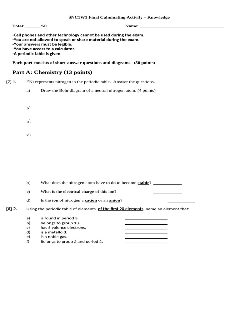 SNC1W Knowledge Exam 2024 | PDF | Planets | Ion
