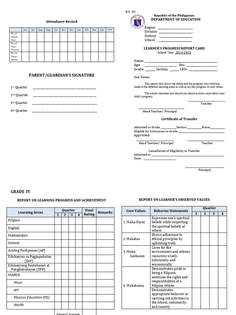 SF 9 - ES ( (Learner's Progress Report Card) | PDF | Teachers | Learning