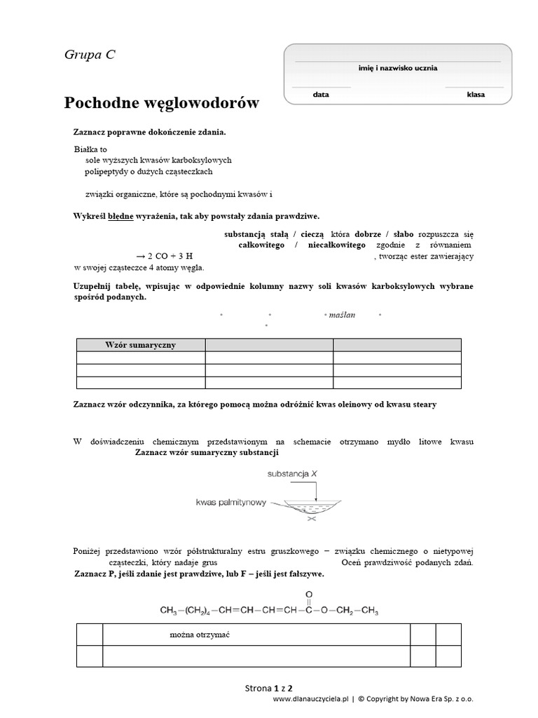 Sprawdzian. Pochodne Weglowodorow C | PDF