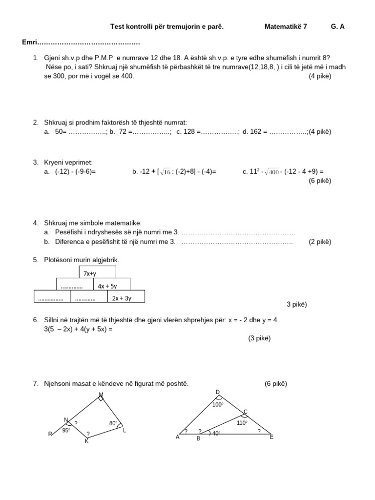 Klasa 7 Test Kontrolli Per Tremujorin e Pare - Doc 2017 Ga GB | PDF