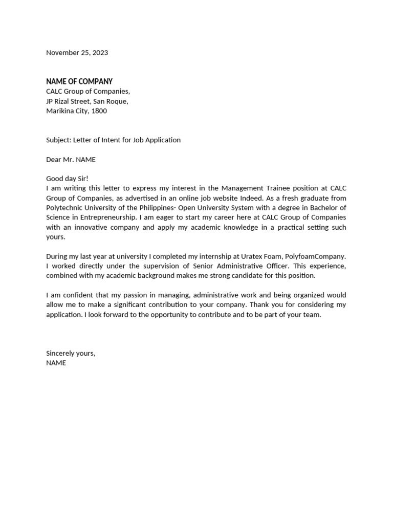 Sample Letter of Job Intent | PDF