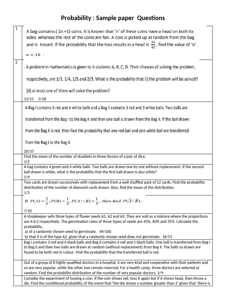 Probability Sample Paper Qns | PDF | Odds | Probability