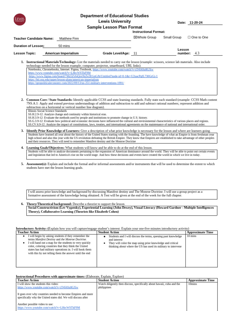 EDTPA Lesson Plan Imperialism | PDF | Imperialism | Colonialism