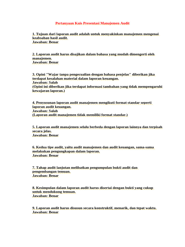 Pertanyaan Kuis Presentasi Manajemen Audit | PDF