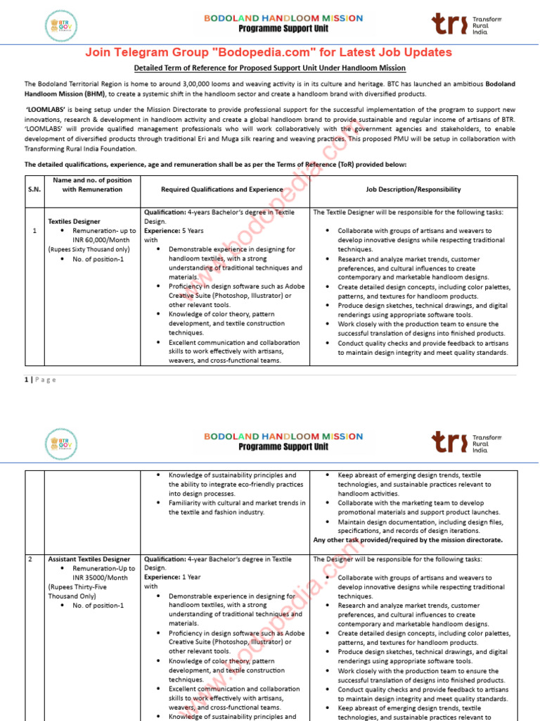 Bodoland Handloom Mission Recruitment 2024 Notification PDF | PDF ...
