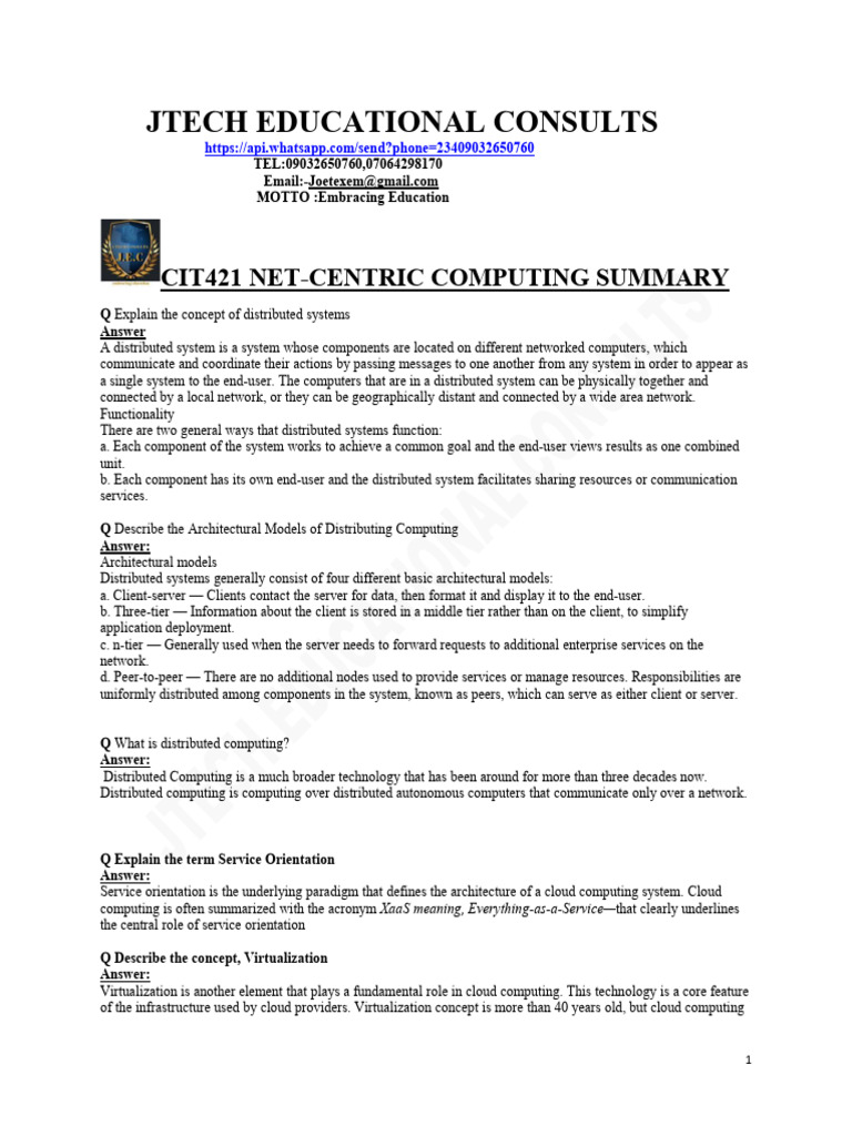 Cit421 Net-Centric Computing Summary | PDF | Client–Server Model | Security