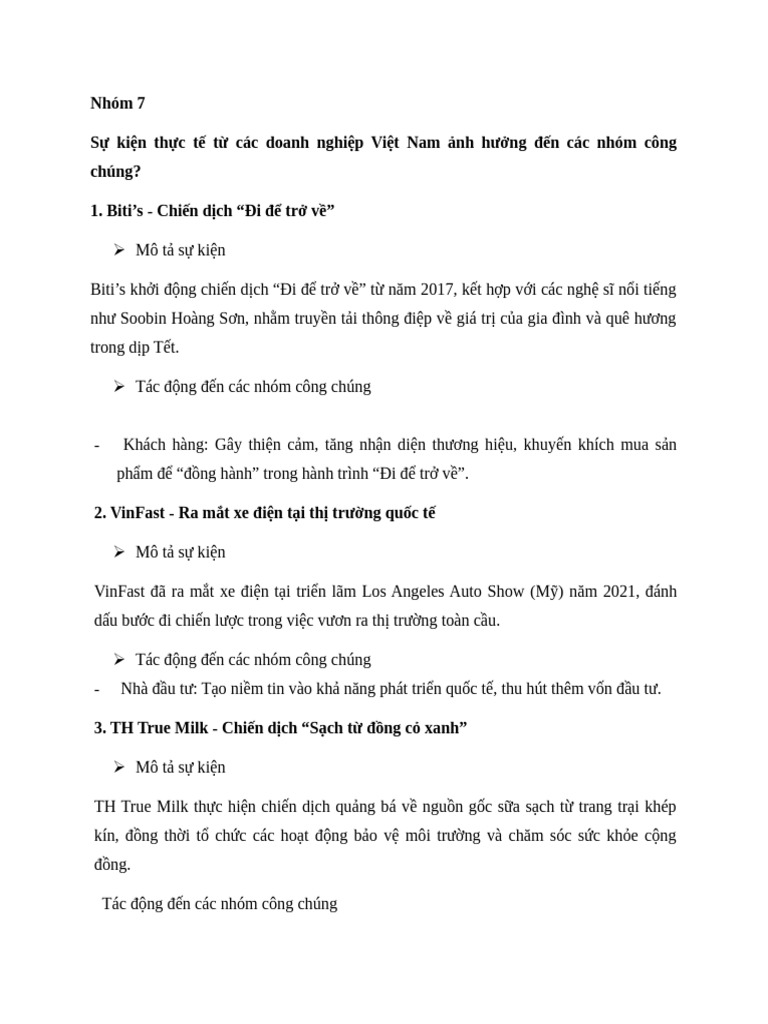 Bài Tập Quan Hệ Công Chúng - Nhóm 7 - MKT 364A | PDF