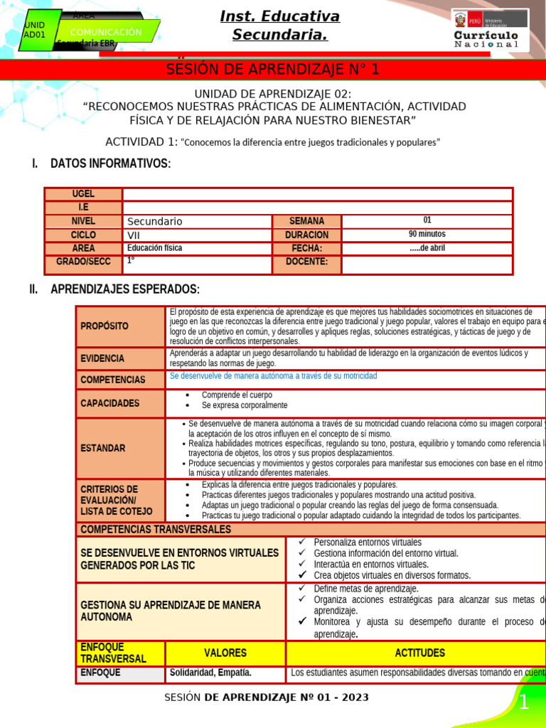 1º EE.FF. SES 1 UNI 2 SEM 01 - 2023 | PDF | Aprendizaje | Maestros