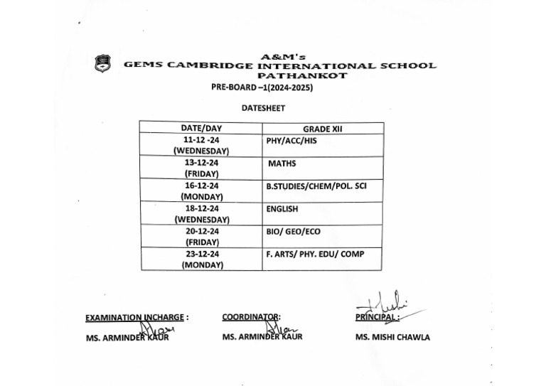 12 Pre Board Datesheet | PDF