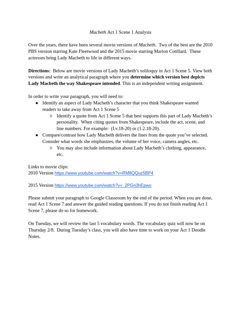 Macbeth 1.5 Movie Analysis Paragraph - Google Docs | PDF