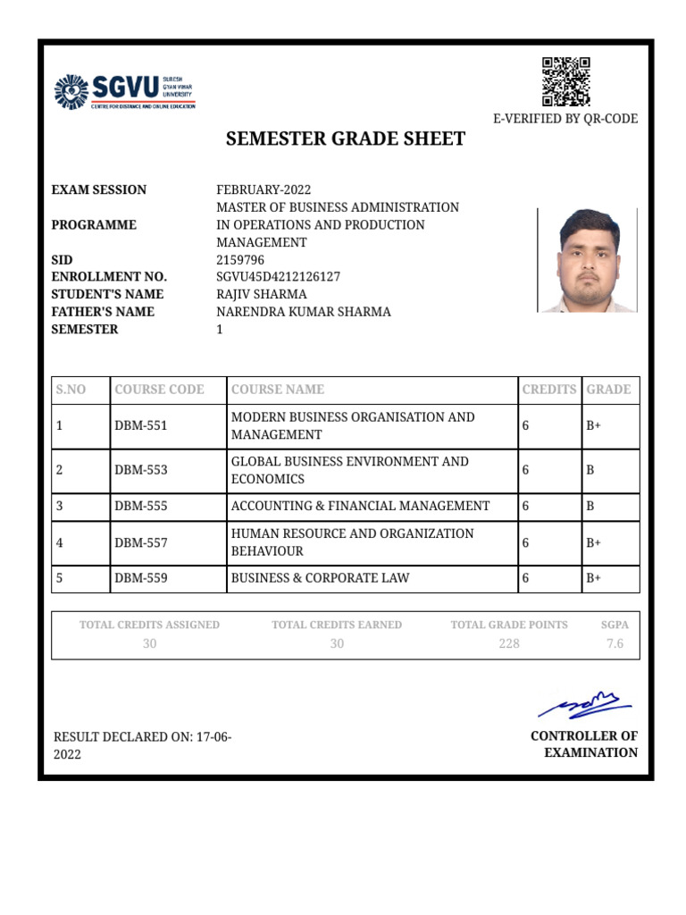 SGVU E-Marksheet Exam Session - February-2022 | PDF
