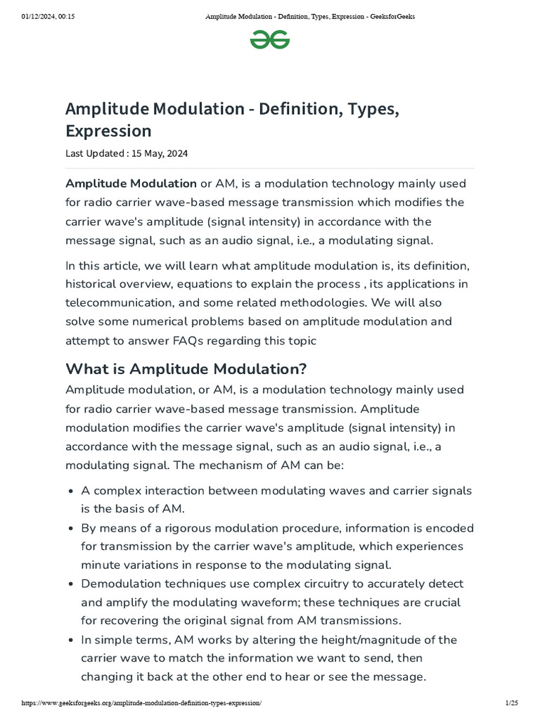Amplitude Modulation - Definition, Types, Expression - GeeksforGeeks | PDF | Frequency ...