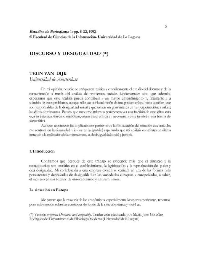 Discurso y Desigualdad Van Dijk | PDF