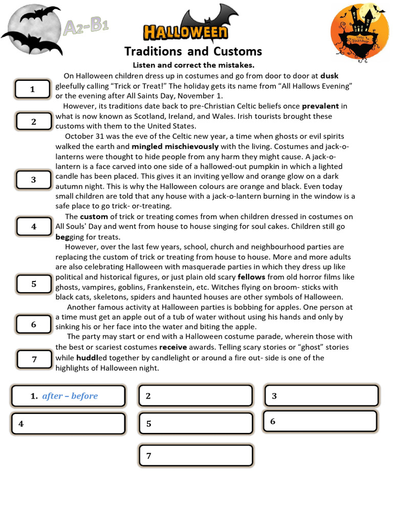 Halloween Traditions and Customs A2 b1 Worksheet | PDF | Halloween ...