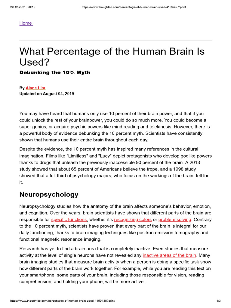 Brain Myths: Debunking the 10% Usage | PDF | Brain | Psychology