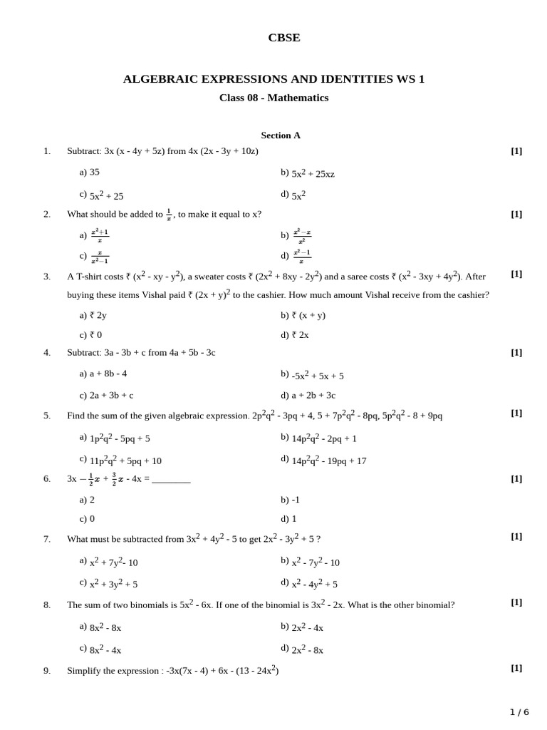 Algebraic Expressions Worksheet Class 8 | PDF | Equations ...