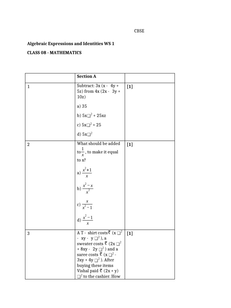 Class 7 Algebraic Expressions Worksheet | PDF | Elementary Mathematics ...
