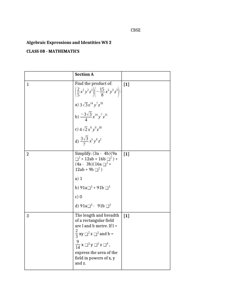 Class 8 Algebra Worksheet | PDF | Area | Multiplication