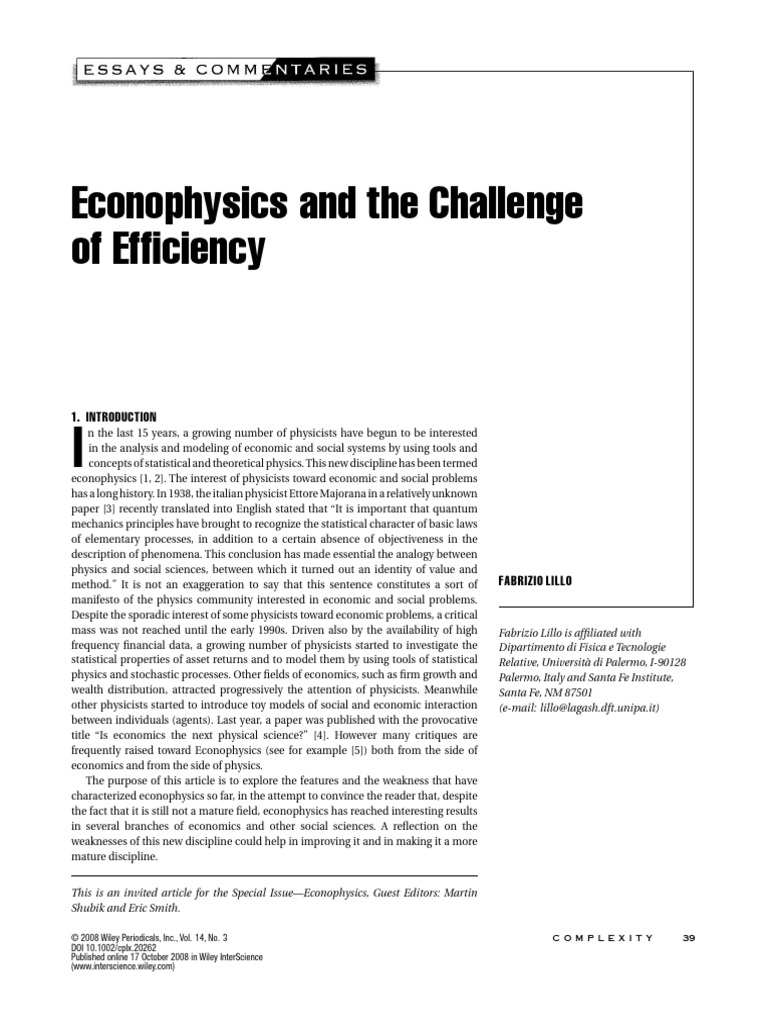 Complexity 14 3 Econophysics and The Challenge of Efficiency Lillo 2008 ...