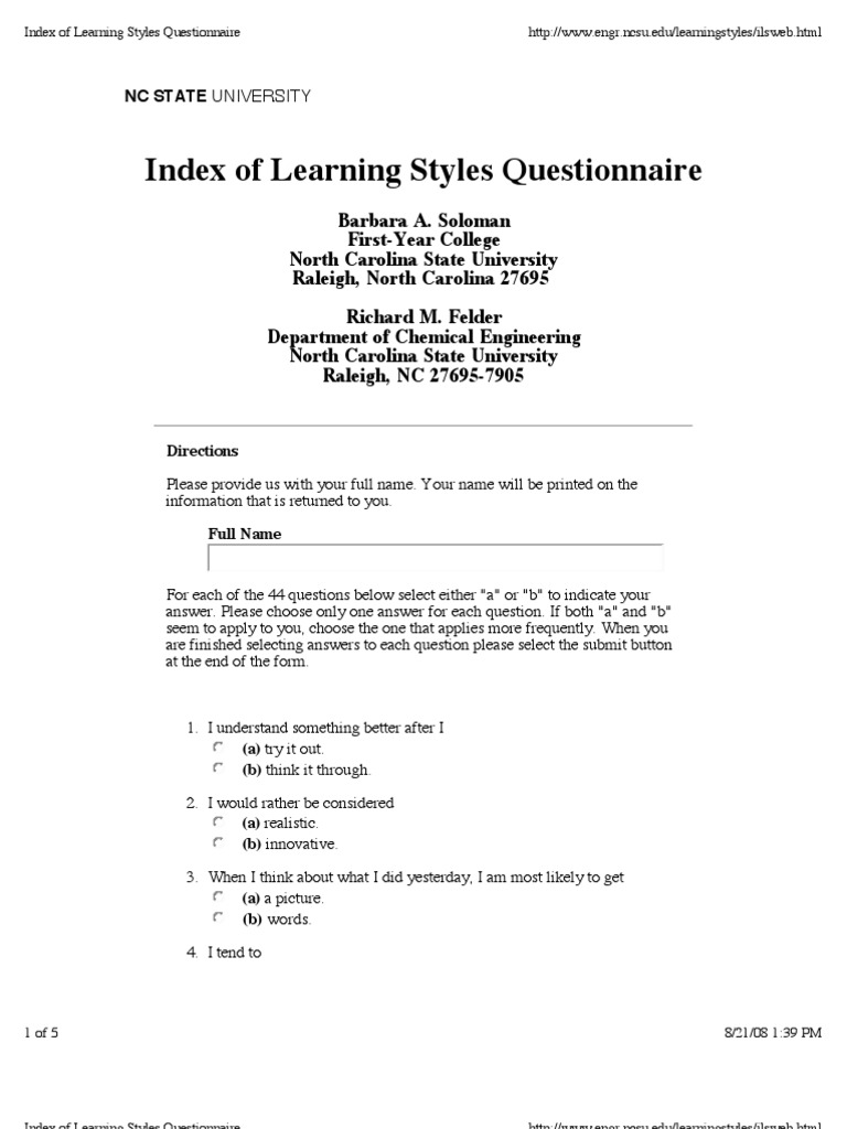Index of Learning Styles Questionnaire | Download Free PDF | Learning ...