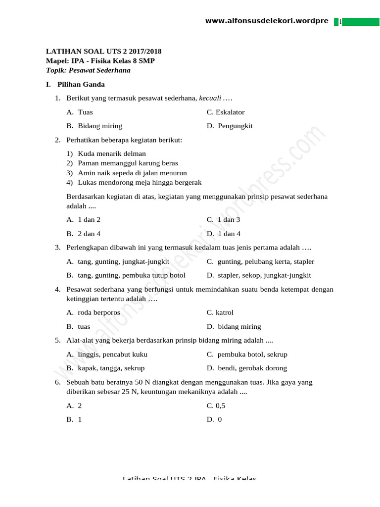 Kelas 8 Soal Latihan Uts 2 Ipa Fisika Kelas VIII 1718 | PDF