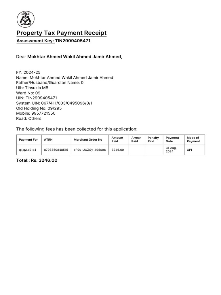 Property Tax Payment Receipt FY 2024-25 | PDF